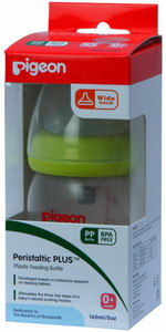 Pigeon Wide Neck Feeding Bottle (Peristaltic Plus Nipple) Round Hole Green - 160 ml ...