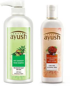 Lever Ayush ANTI DANDRUFF NEEM SHAMPOO 600 ML + NATURAL FAIRNESS SAFFRON BODY LOTION 300 ML ...