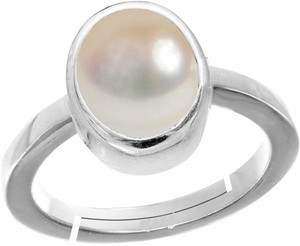 EVERYTHING GEMS Certified Pearl Stone/Moti 5.25 Ratti 4.40 Carat Natural Round Shape Silver Ring ...
