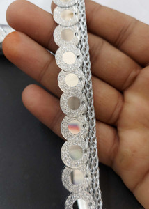 Mezin Round Mirror Sequence (13MM Silver) Hanging Lace Border and Material Tassel, Latkan ...