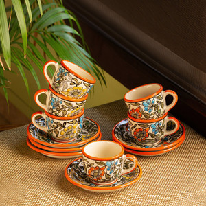 ExclusiveLane Pack of 6 Ceramic 'Mughal Bagheecha' Hand-painted Coffee & Tea Cups & Saucers ...