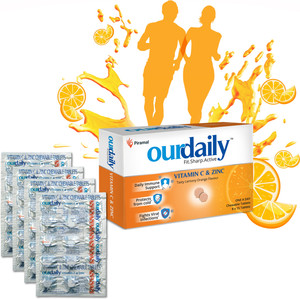 Ourdaily Vitamin C (500mg) & Zinc, chewable tablets, tasty lemony orange flavour- builds ...