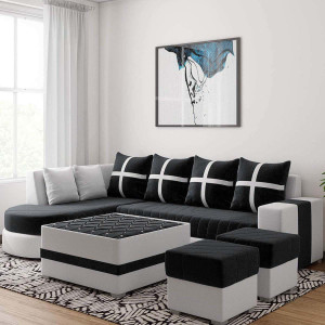 Torque Dalton LHS L Shape 8 Seater Sofa with Centre Table and Puffy ( Black & Beige) Fabric 3 ...
