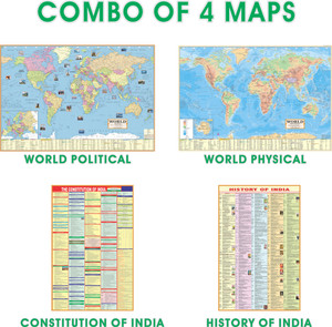 (COMBO OF ENGLISH 4 MAPS\CHARTS) World (Both Political & Physical) with Constitution of India ...