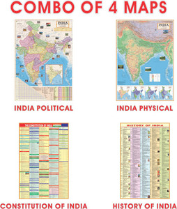 (COMBO OF 4 MAPS/CHARTS) INDIAN Constitution & History of India Chart With India (Both Political ...