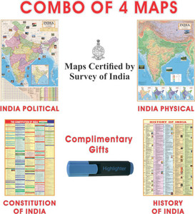 (COMBO OF 4 MAPS/CHARTS AND HIGHLIGHTER) INDIAN Constitution & History of India Chart With India ...