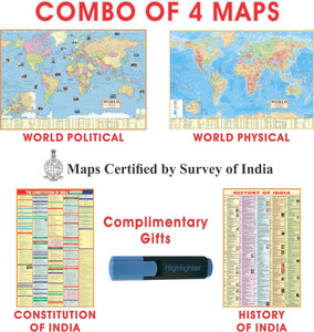 (COMBO OF 4 MAPS/CHARTS AND HIGHLIGHTER) INDIAN Constitution & History of India Chart With World ...
