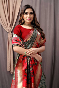 Buy SILK SAREE HUB Woven Kanjivaram Jacquard, Pure Silk Red, Green Sarees Online @ Best Price In ...