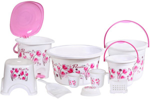 VeleSolv Bathroom Set of 10, Balti 16L & 5L, Dustbin 7L, Mug 1.5 L & 1L, Stool, Tub 18L 20 L ...