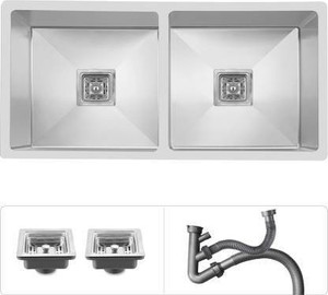 Aarvik Matt Finish Stainless Steel Handmade Double Bowl Kitchen Sink |37x18x10 Inches| SILVER ...