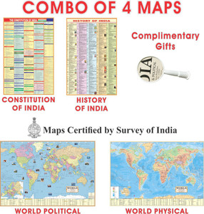 (COMBO OF 4 MAPS/CHARTS AND Magnifying Glass) INDIAN Constitution & History of India Chart With ...