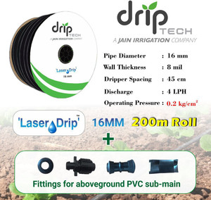 Driptech India Laser Drip 16MM, 8Mil, 45CM, 200M,1 Roll with Fittings-above ground PVC submain ...