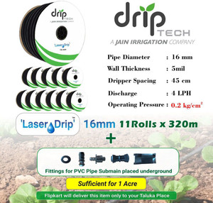 Driptech India Laser Drip 16mm,5mil,320m Roll+Fittings for PVC Pipe Submain placed underground ...