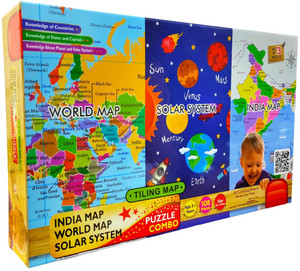 BKDT Marketing 3 in 1 Map Puzzle, India Map, World Map, Solar System - 108 pcs in each - 3 in 1 ...