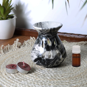 Jimkia Ceramic Tealight Diffuser Marble Texture Oil Burner With 2 Candle & 10ml Rose Aroma Oil ...