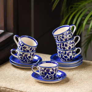 ExclusiveLane Pack of 6 Ceramic 'Badamwari Bagheecha-2' Hand-Painted Tea Cups With Saucers Set ...