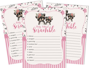 Inkdotpot 50 Pack Baby Word Scramble Baby Shower Game Cards Raccoon ...