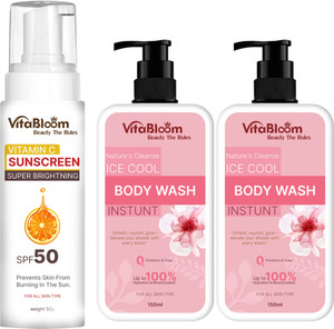 VitaBloom Vitamin C Ultra Light Sunscreen SPF 50 PA+++ (50 g) | Icy Cool Body Wash (300 ml ...