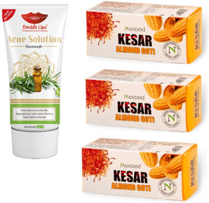 Nandini Kesar Almond Goti Facial soap For Man & Women, 25g.(Pack of 3)+ Face Care Acne Solution ...