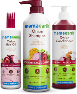 Mamaearth Onion Healthy Hair Combo (Onion Hair Oil - 250 ml + Onion Shampoo - 650 ml + Onion ...