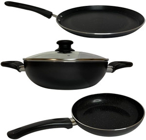 Usha Shriram (3Pcs) Non Stick Cookware (Tawa, Fry Pan, Kadhai, 1 Lid) Minimum Oli Usage Gas ...