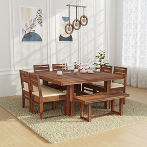 Wakeup India Crenn Cedar Sheesham Wood 8 Seater Dining Table Set 6 Chair & 2 Seater Bench Solid ...
