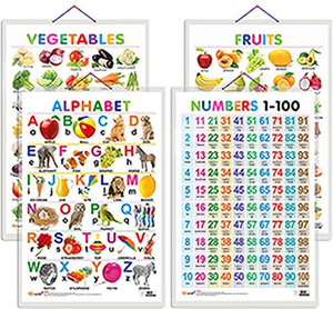 GO WOO Pack of 4 Alphabet, Fruits, Vegetables and Numbers 1-100 charts ...