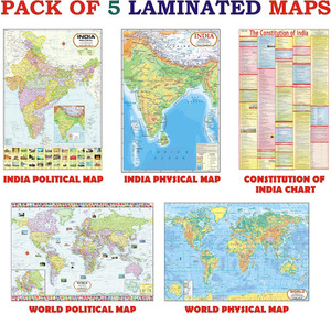 HINDI & WORLD LAMINATED MAPS (Both Political & Physical) Laminated Maps Set Of 5 Map Size (40 ...