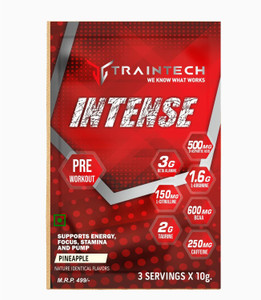 TRAINTECH Intense Pre Workout with B-Alanine, L-Arginine, Taurine, (Pineapple, 3 Serving) Pre ...