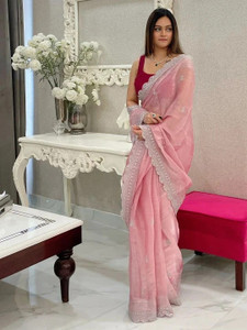 Buy KMK STUDIO Applique, Embellished, Embroidered Bollywood Silk Blend Pink Sarees Online @ Best ...