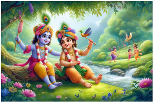 voorkoms 18 inch Lord Krishna & Balram ji Wall Sticker For Home Décor, Living Décor 18x12 Inches ...