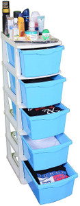 PARASNATH Boxo 4 Layer (Blue Colour) Multi-Purpose Modular Drawer Storage with Wheels Plastic ...