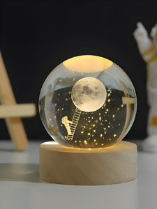 BITSY BLOOM 3D Crystal Ball Lamp | Night Light with Wooden Base | Moon Landing Style Table Lamp ...