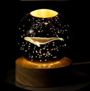 BITSY BLOOM 3D Crystal Ball Lamp|Night Light with Wooden Base|Nebula Style(8 cm,DOLPHIN)) Table ...