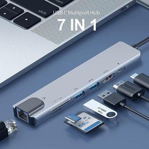 RuhZa 7-in-1 USB-C Hub 4K 2K 60Hz, 1Gbps Ethernet, SD/TF Card Slots USB 3.0 5Gbps Data Ports ...