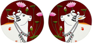 Craft Shop Maroon Pichwai Cow MDF Rigth Left Face Round Shaped Base