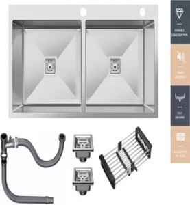 Prestige (45x20x10xInch,Silver) 304 Grade Double Bowl with Tap Hole Handmade Stainless Steel ...