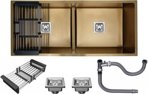 chirag Kitchen Sink 37x18x10 Golden Double Bowl, SS304, 16-Gauge Stainless Steel Sink CSS3718G ...