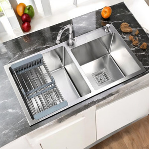 chirag 32x18x10 Kitchen Sink 32 Inches Tap Hole Double Bowl SS304 Stainless Steel Sink ...