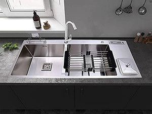 Sirotia 45" X 20" X 10" Handmade Double Bowl Kitchen Sink With Dustbin. 304 Grade Stainless ...