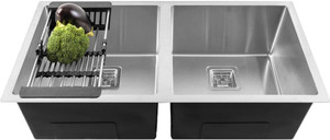 Fossa 37"x18"x10" Inch Double Bowl Premium Handmade Kitchen Sink Matte Finish FS-13 Vessel Sink ...