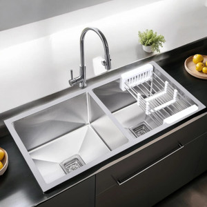 chirag 37x18x10 Kitchen Sink 37 Inches Double Bowl Handmade SS304 Stainless Steel Sink CSS3718M ...