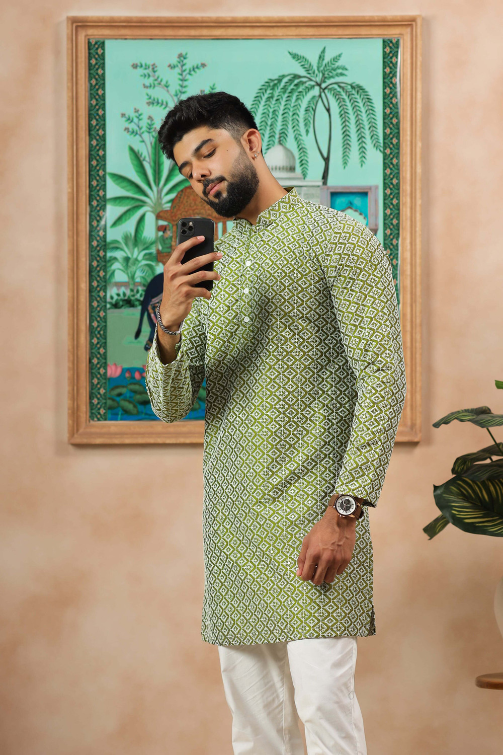 Svatantra Embroidered Khadi Silk Straight Kurta for Men (Dark Green ...