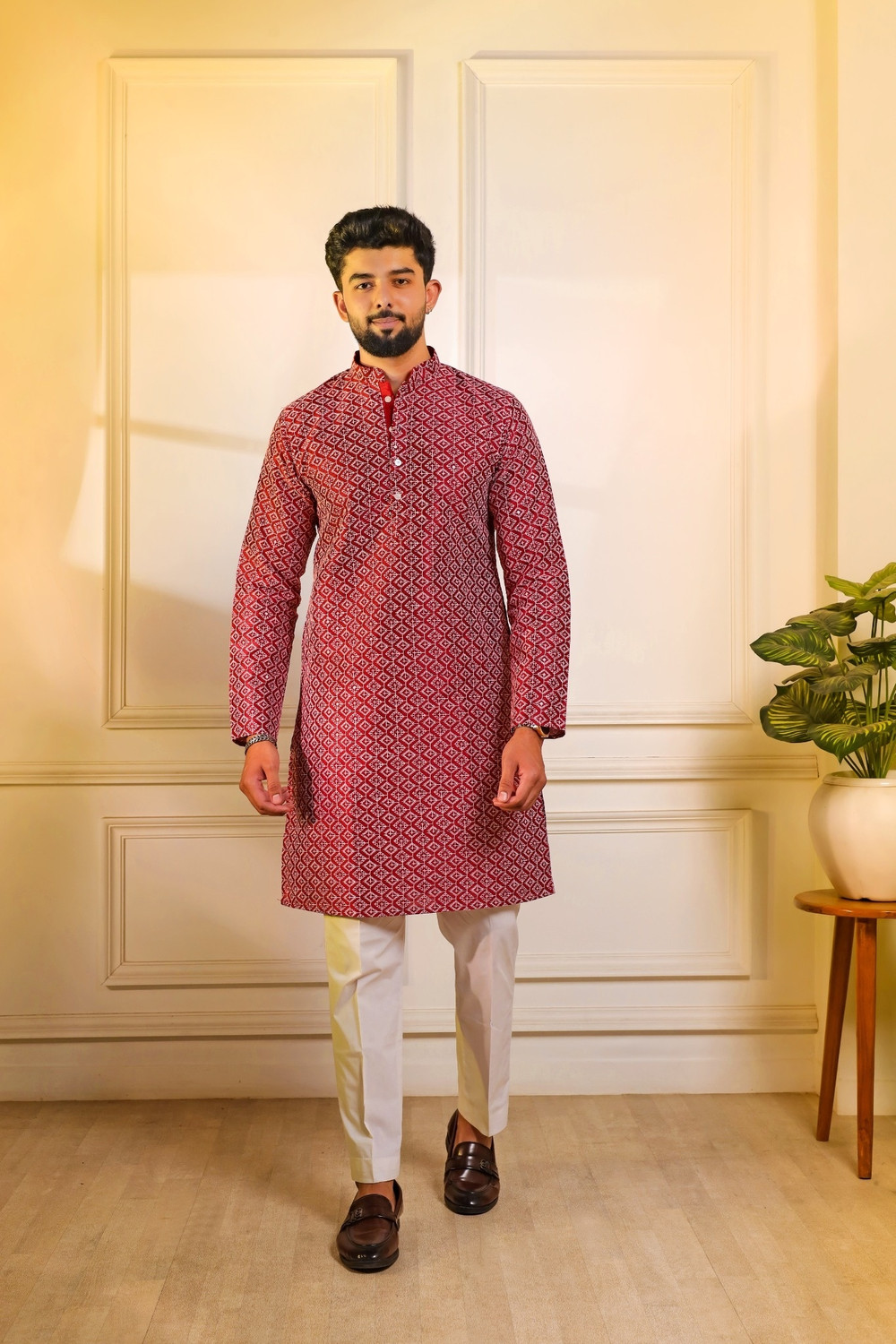 Svatantra Embroidered Khadi Silk Straight Kurta for Men (Maroon ...