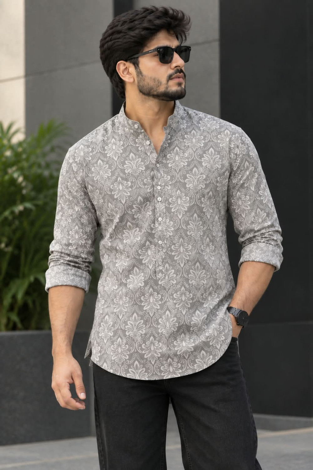 VLS Collection Floral Print Cotton Blend Asymmetric Kurta for Men (Grey ...