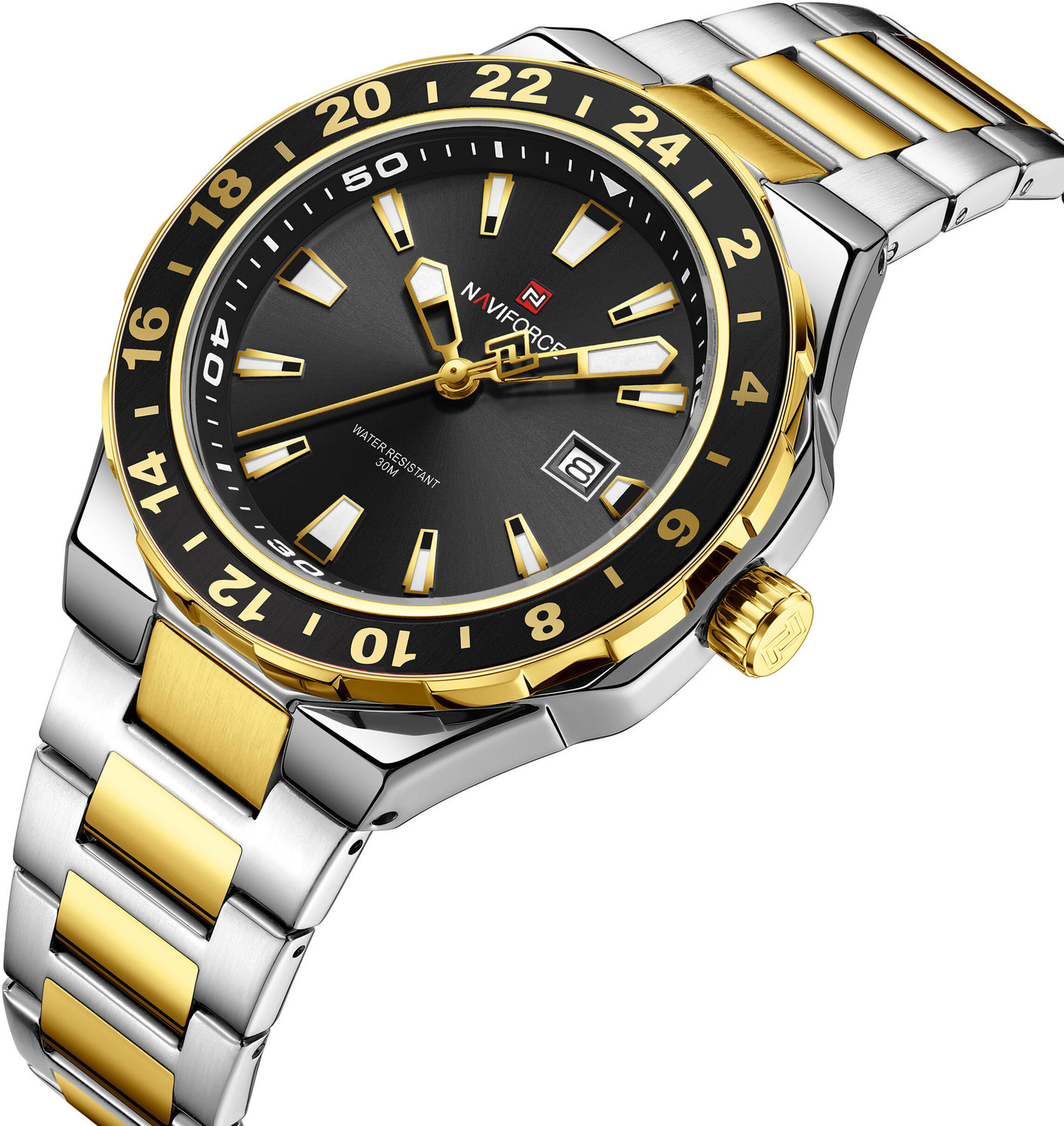 NAVIFORCE Unique temperament Silver-gold bracelet strap with Black dial ...