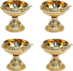 Pindia Set of 4 Handmade Brass Oil Lamp Carved DesignerHome Temple ...