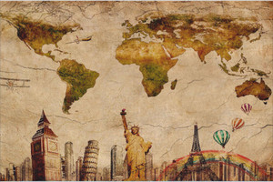 [MY HOME]World-Map-Retro-Paris-London-Liberty Poster(POSTER SIZE 30cm X ...