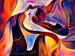 Composition of human profiles and colorful shapes suitable as a ...