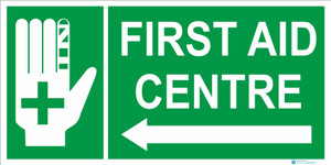 Safety World First Aid Center sign-left Side Direction-With Hand Sign ...